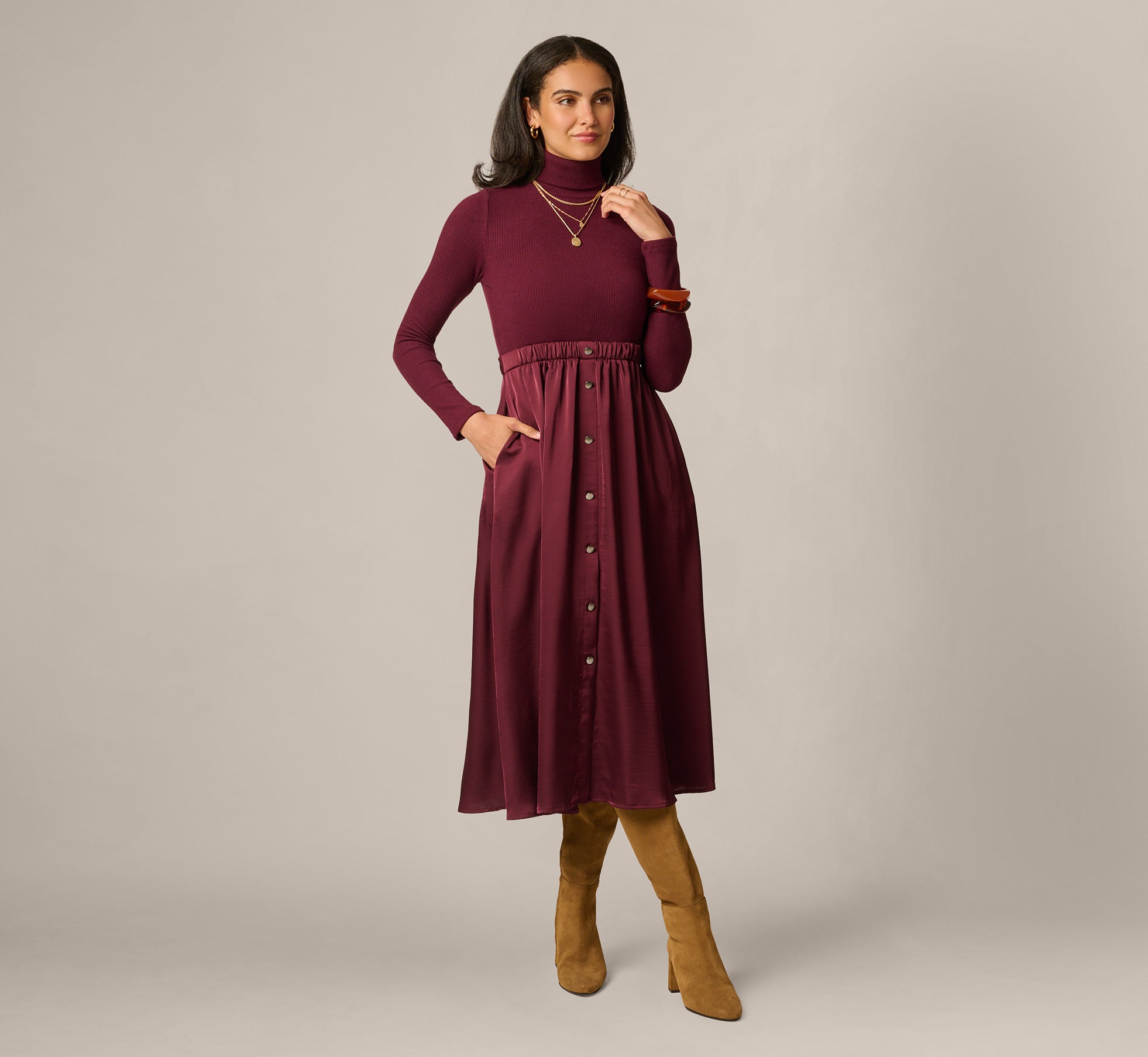 ADRIANNA PAPELL Adrianna Papell Long Sleeve Turtleneck Midi Dress